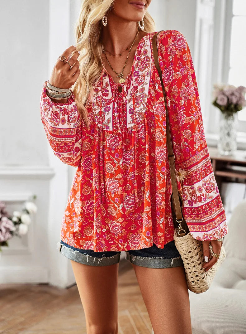 Boho Inspired Boho blouse floral print V-neck long sleeve blouse wome ...