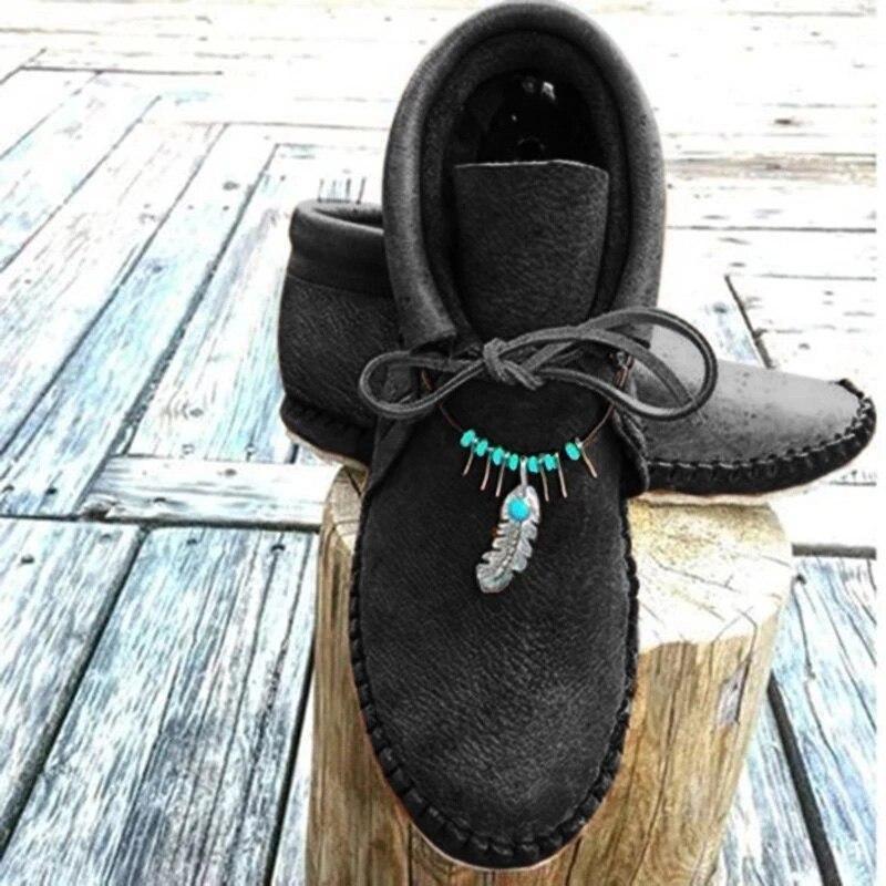 Women Autumn Ankle Boots Ladies Flat Lace Up Sewing String Bead Women ...